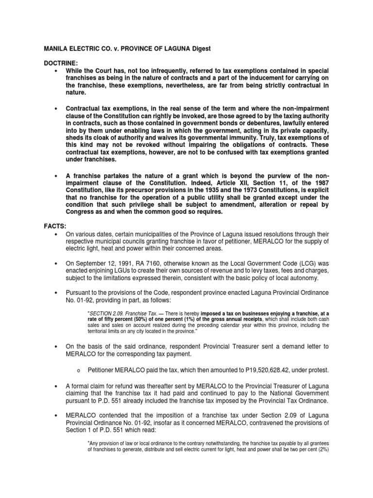MERALCO v. Province of Laguna Digest | PDF | Taxes | Local Government