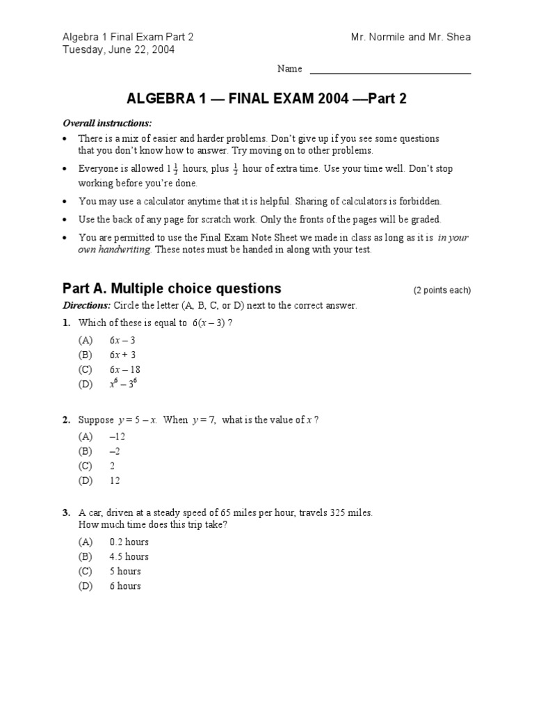 ALGEBRA 1 - FINAL EXAM 2004 - Part 2: (2 Points Each) | PDF ...