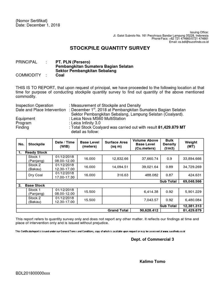 Stockpile Quantity Survey-Desember 2018 PDF | PDF | Quantity | Nature