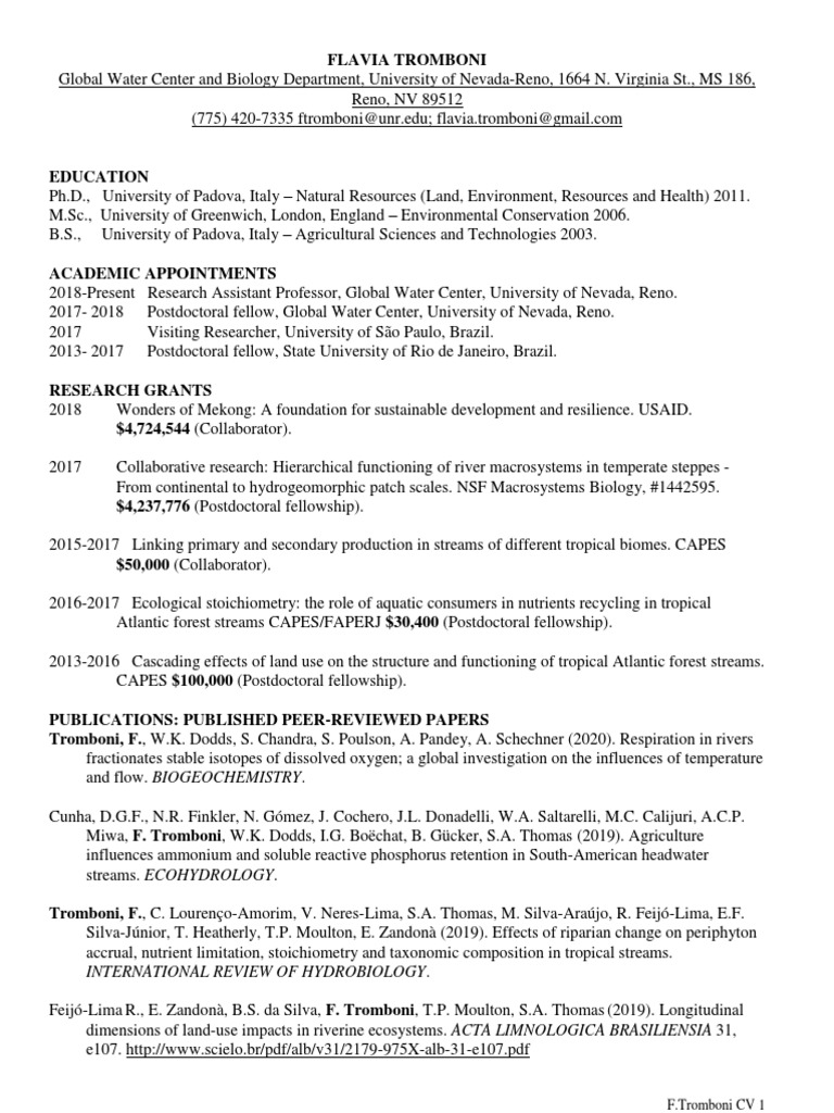 Flavia Tromboni CV 2019 - Feb 2020 | PDF | Ecology | Ecosystem
