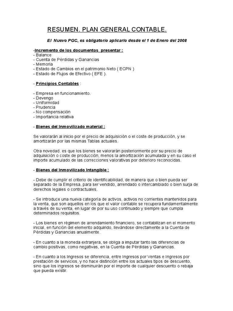 Resumen Plan General Contable | PDF | Valor neto | Estado de resultados
