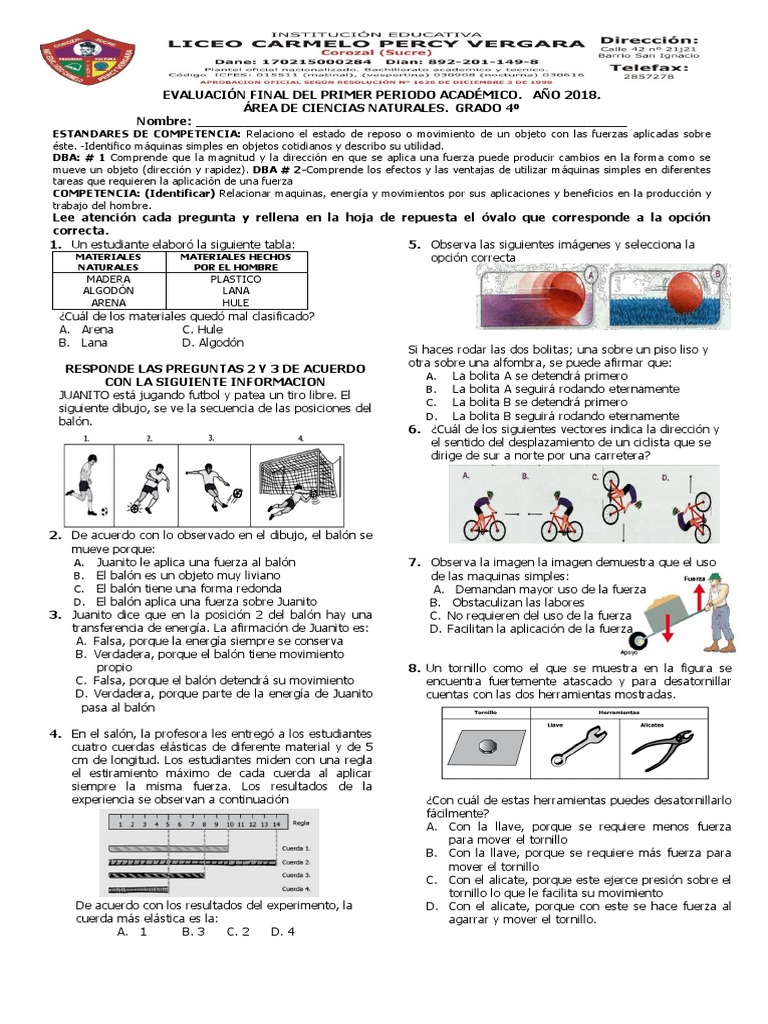 Hojas De Trabajo De Fuerza Y Movimiento De Cuarto Grado Descargables