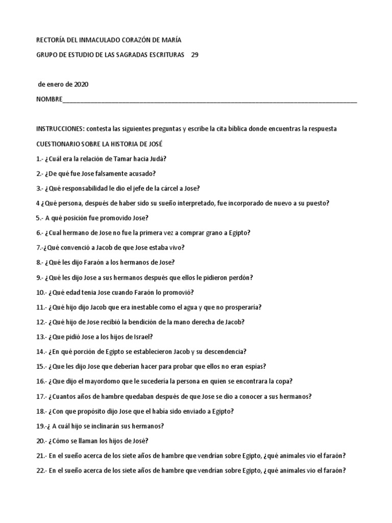 Cuestionario Sobre La Historia de José | PDF