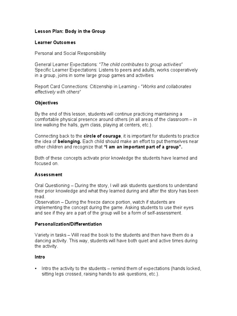 Lesson Plan - Body in The Group | PDF | Lesson Plan | Education Theory