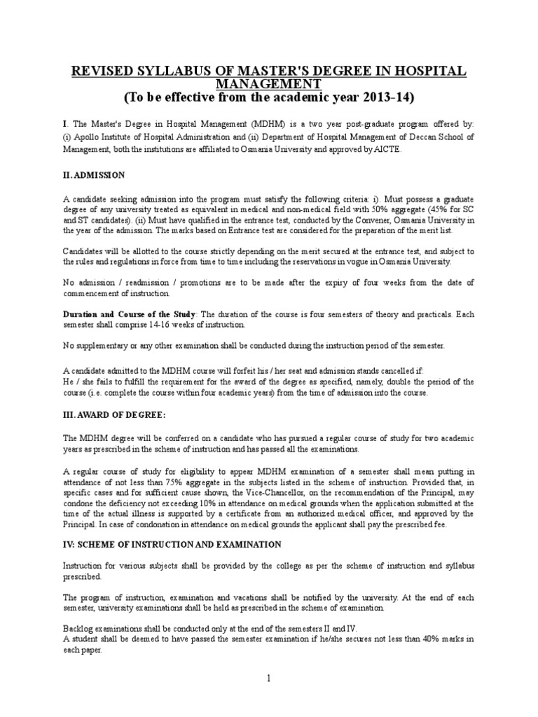 Master's Degree in Hospital Management (MDHM) Revised Course Structure and Scheme of Examination ...