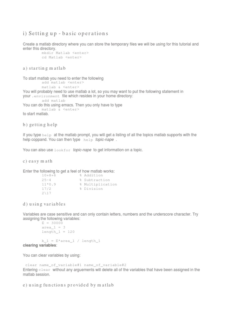 I) Setting Up - Basic Operations: A) Starting Matlab | PDF | Matlab | Array Data Structure