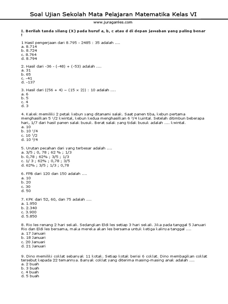 Soal Ujian Sekolah Matematika Kelas 6 SD-MI | PDF
