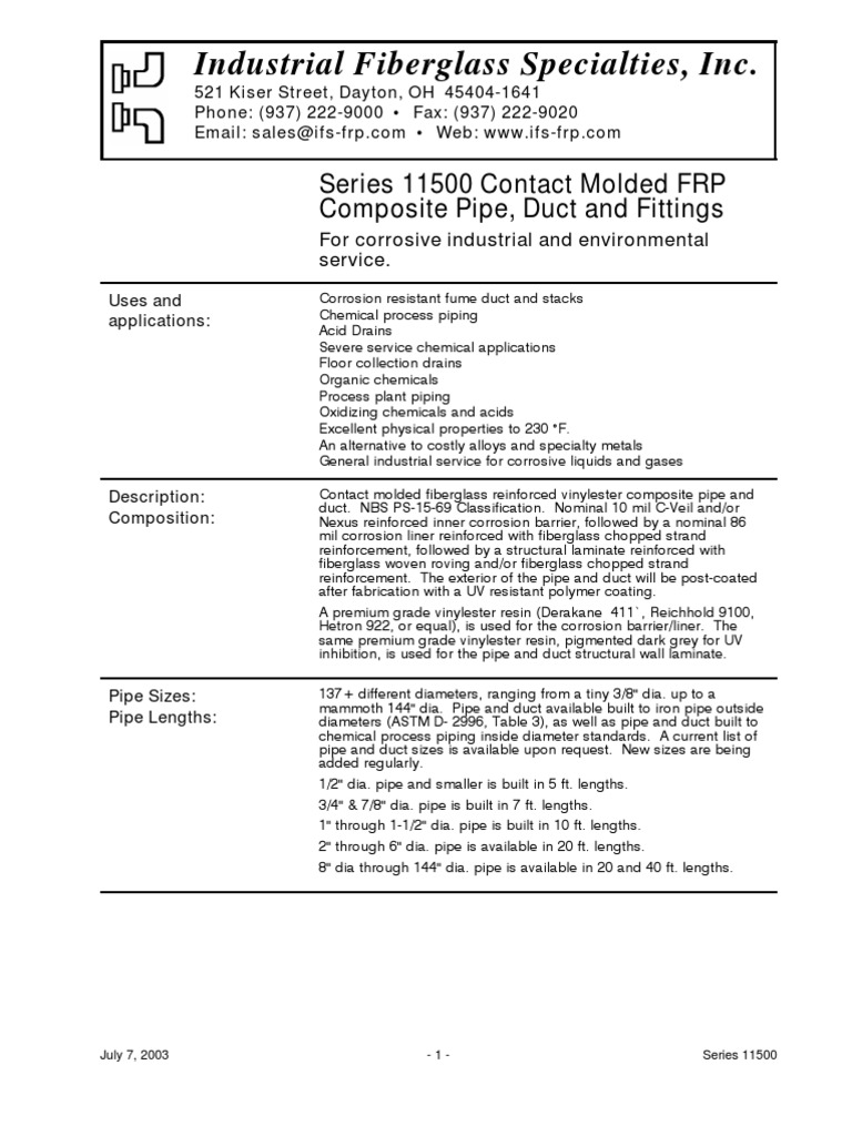 Industrial Fiberglass Specialties, Inc.: Series 11500 Contact Molded ...