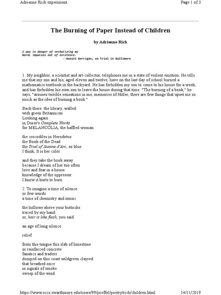 The Burning of Paper Instead of Children by Adrienne Rich | PDF