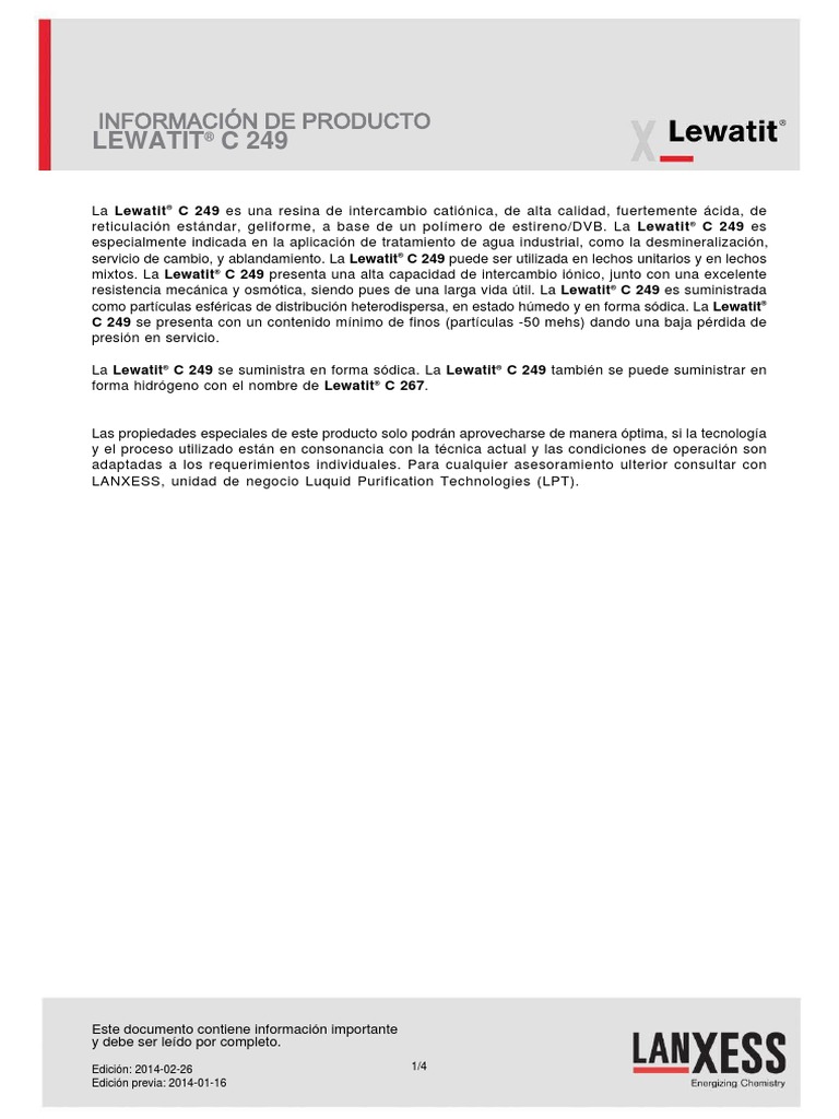 Lewatit C249 Ficha Tecnica | PDF | Ácido sulfúrico | Hidrógeno