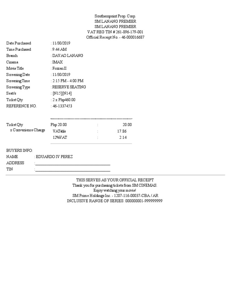 SM Cinema Ticket Receipt Sample | PDF
