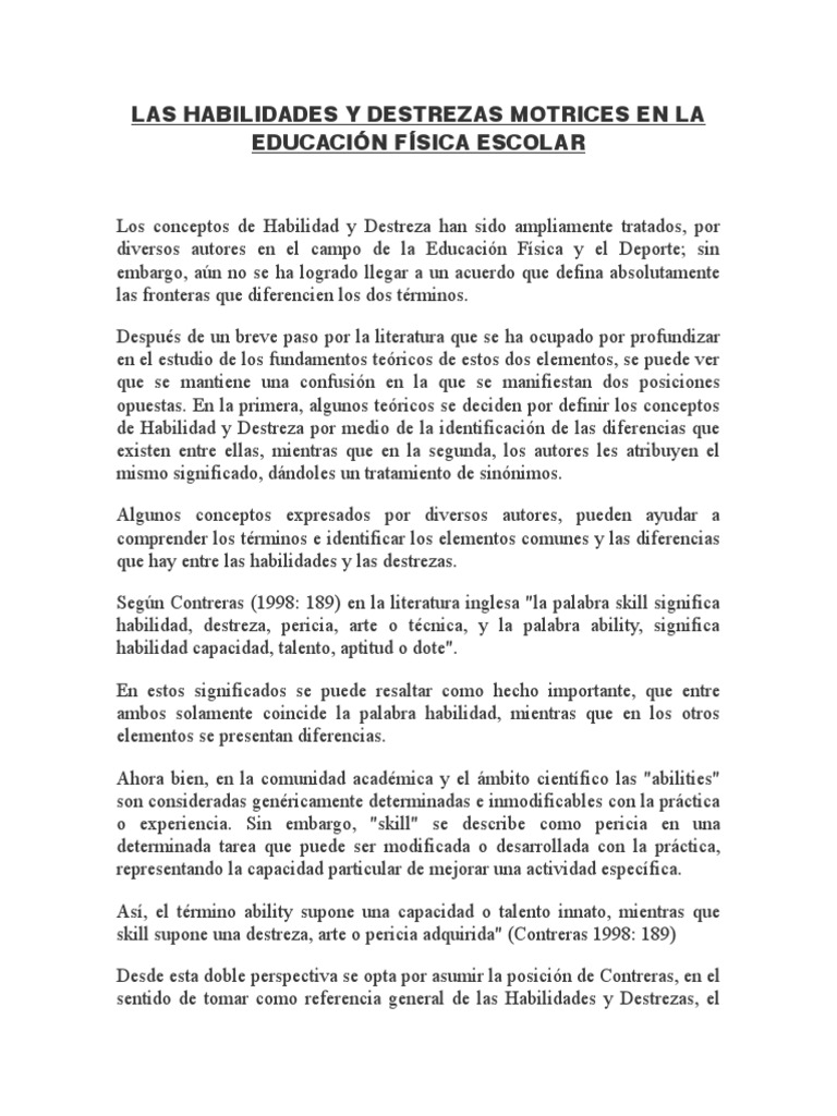 Las Habilidades y Destrezas Motrices en La Educación Física Escolar ...