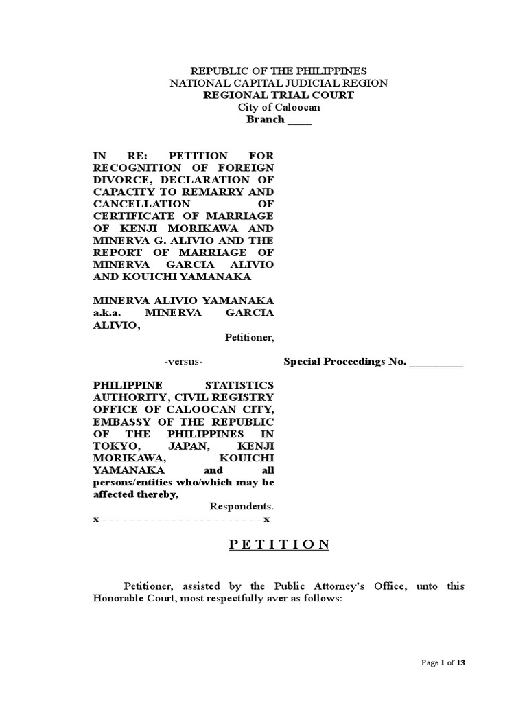 Petition for Recognition of Foreign Divorces, Declaration of Capacity to Remarry, and ...