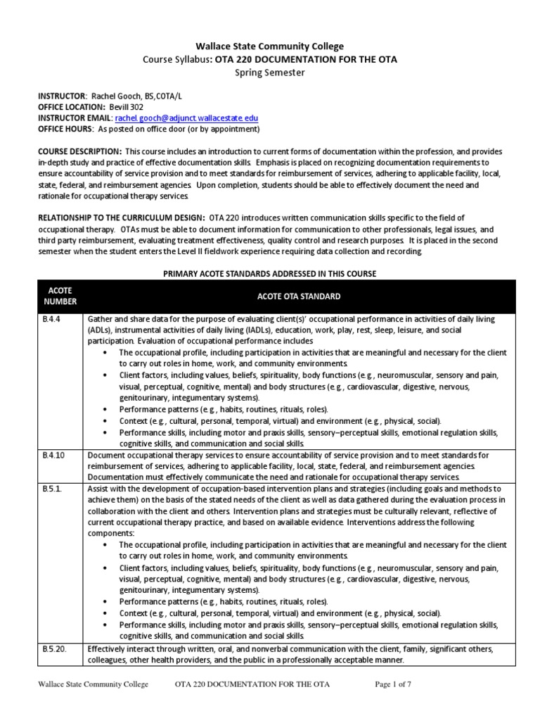 OTA 220 Spring 2020 Syllabus - FINAL | PDF | Occupational Therapy ...