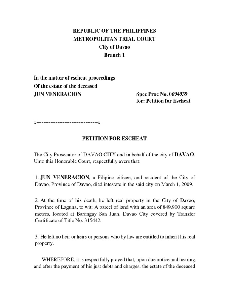 Petition to Declare the Estate of the Deceased Jun Veneracion Escheated ...