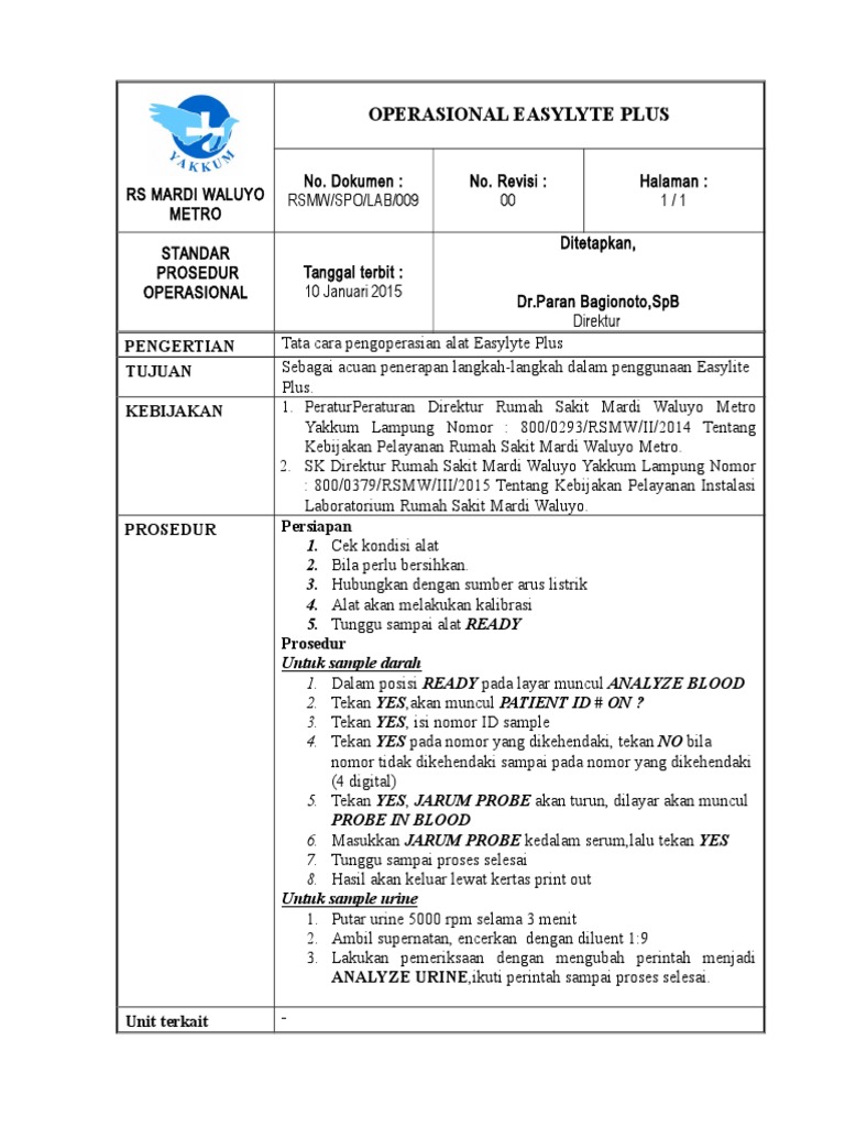Prosedur Operasional Easylyte Plus | PDF | Kesehatan Holistik