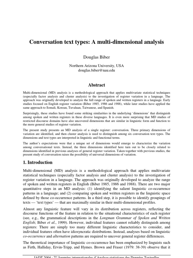 Conversation Text Types: A Multi-Dimensional Analysis: Douglas Biber ...