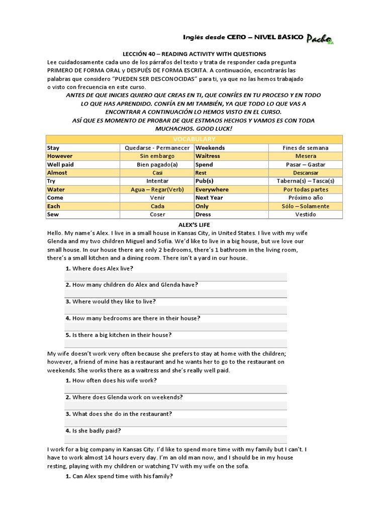 Lección 40 - Reading Activity With | PDF | Home