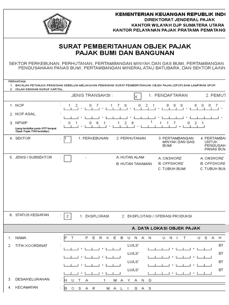 Contoh Pengisian SPOP PBB 2020 | PDF