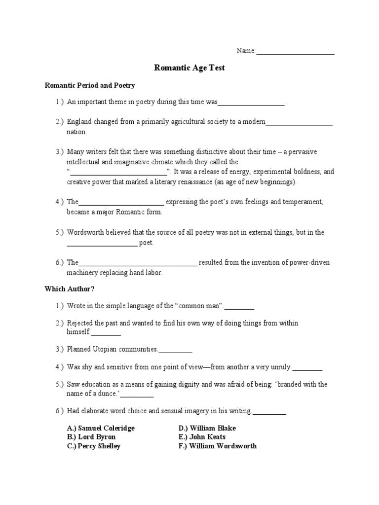 Romantic Age Poetry and Authors Quiz | PDF | Romanticism | John Keats