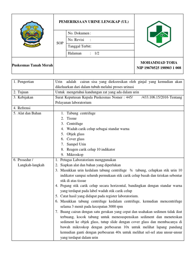 Sop Pemeriksaan Urine Lengkap (Ul) | PDF