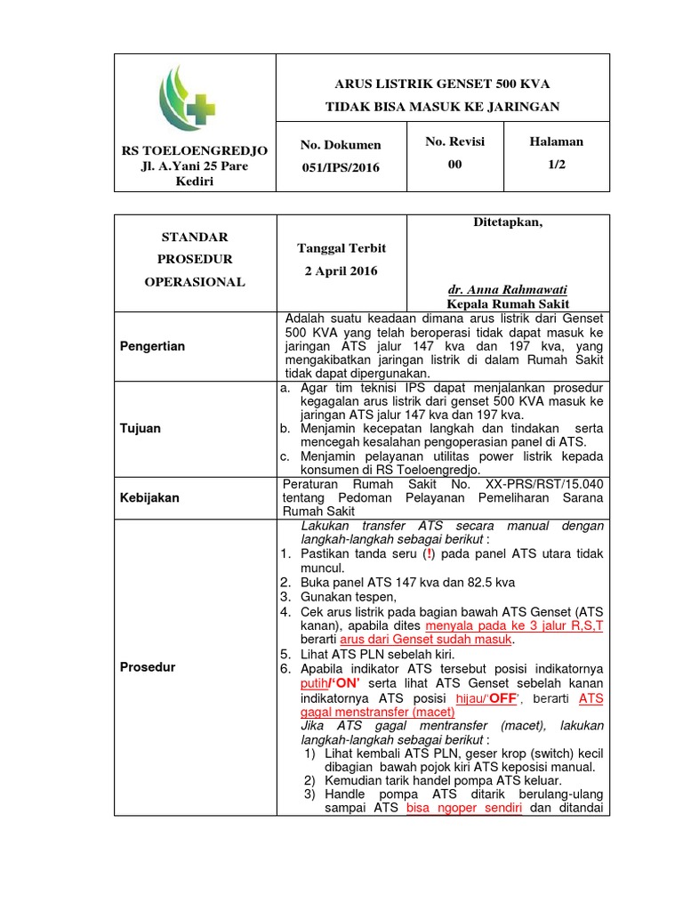SPO Arus Listrik Dari Genset 500 Kva Tidak Bisa Masuk Ke Jaringan | PDF