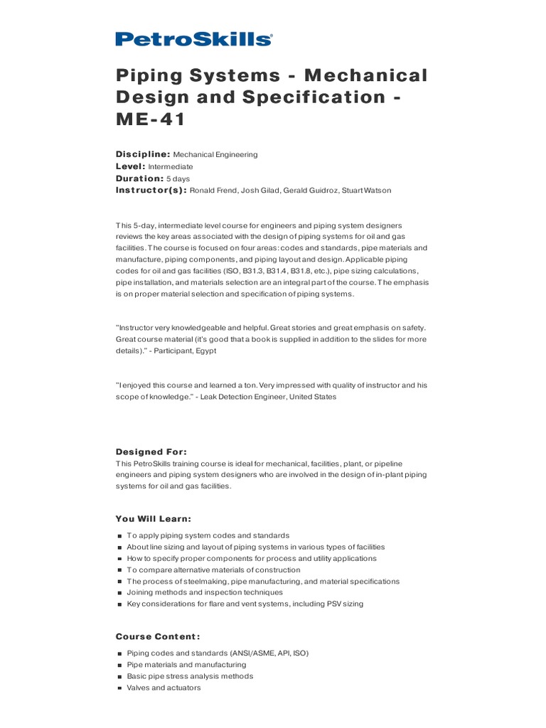 Course (PIPING SYSTEMS - MECHANICAL DESIGN AND SPECIFICATION - ME-41) | PDF | Pipeline Transport ...