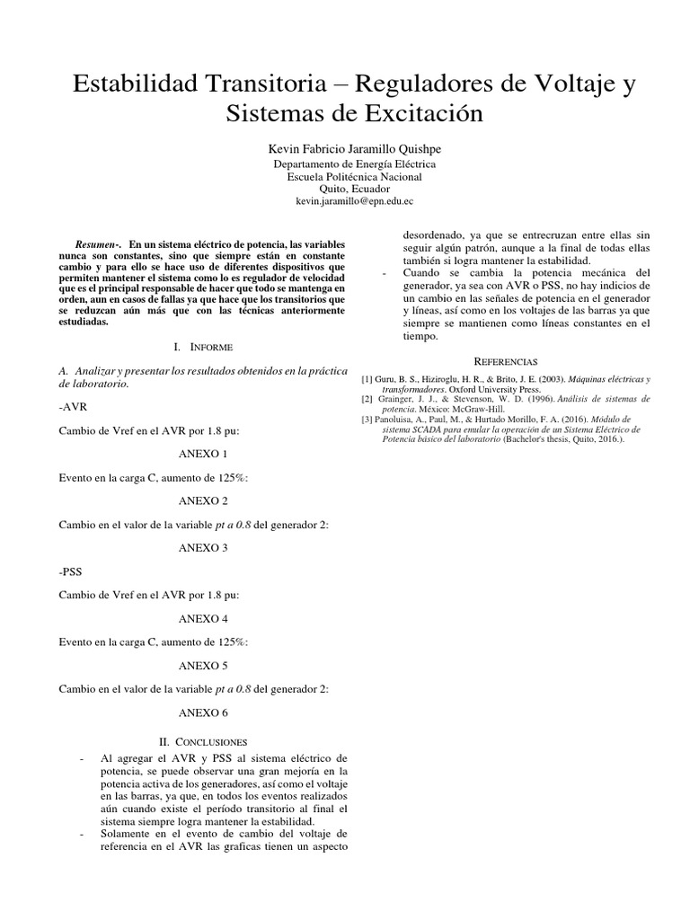 Estabilidad Transitoria - Reguladores de Voltaje y Sistemas de Excitación | PDF | Generador ...