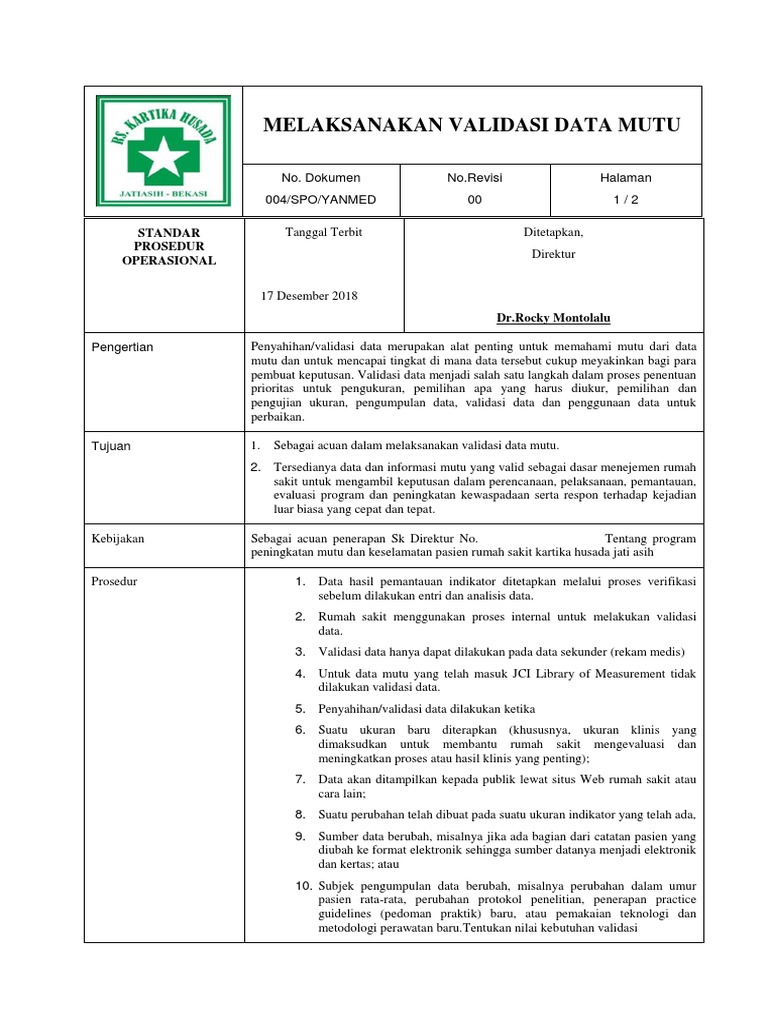 Spo Validasi Data Mutu | PDF