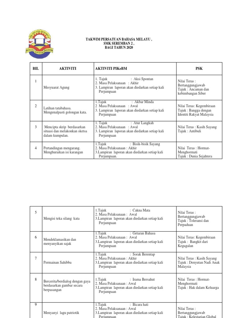 Takwim Persatuan BM 2020 | PDF