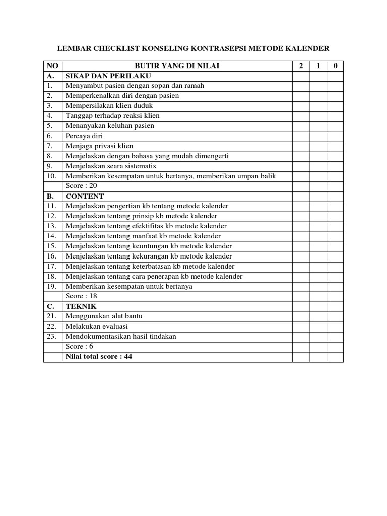 Lembar Checklist Konseling Kontrasepsi Metode Metode Kalender | PDF