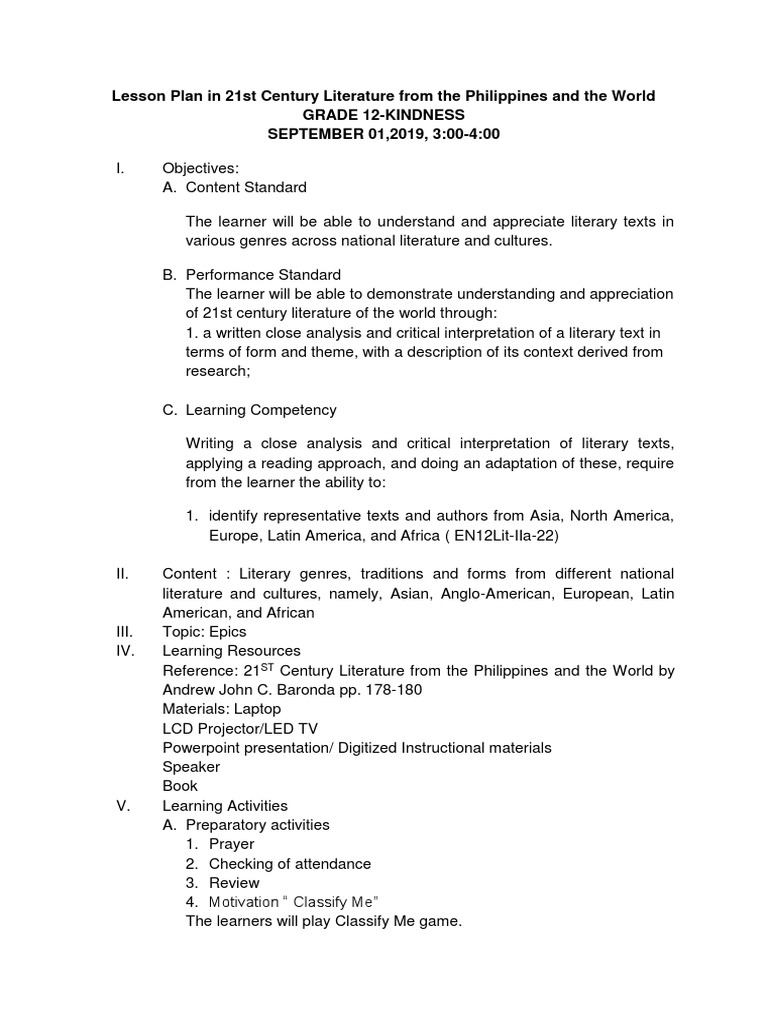 Grade 12 Lesson Plan: 21st Century Epics | PDF | Epic Poetry | Hero