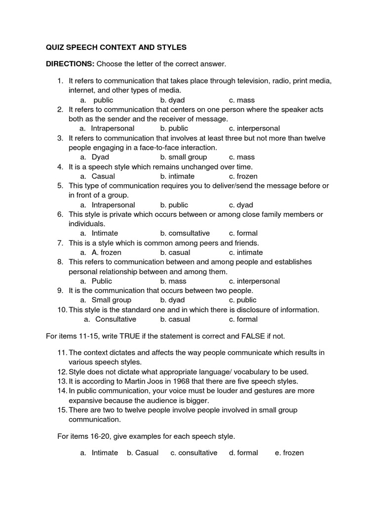 Quiz on Speech Context and Styles | PDF | Action (Philosophy ...
