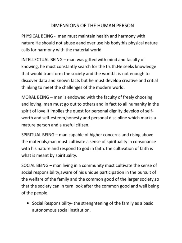Dimensions of The Human Person | PDF | Common Good | Spirituality