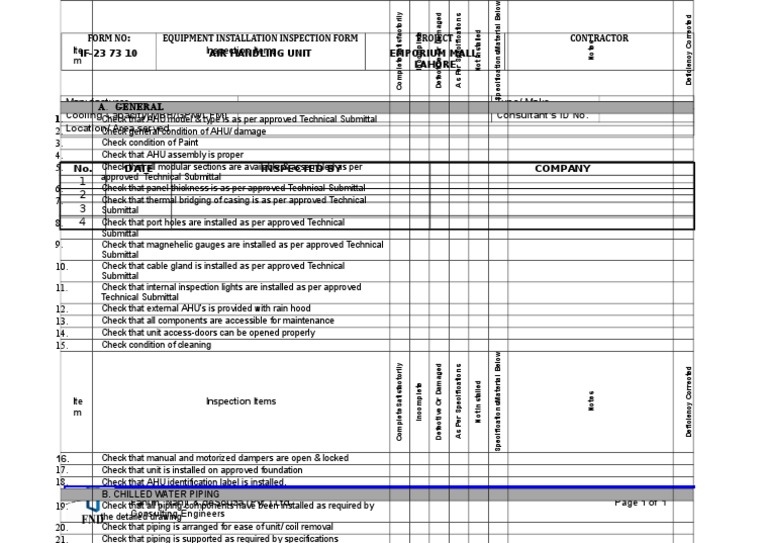 160715-AHU Inspection Form | PDF | Equipment | Engineering