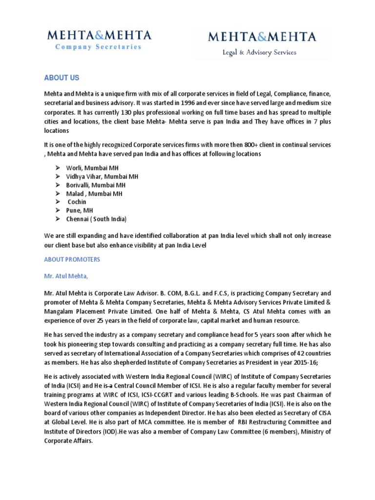 Mehta and Mehta - Profile | PDF | Securities (Finance) | Liquidation