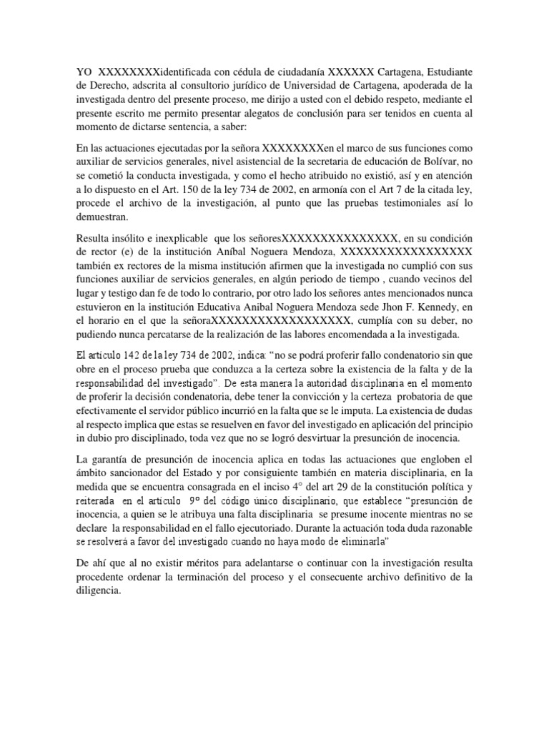 Alegatos de Conclusion PROCESO DISCIPLINARIO | PDF | Ley Pública ...
