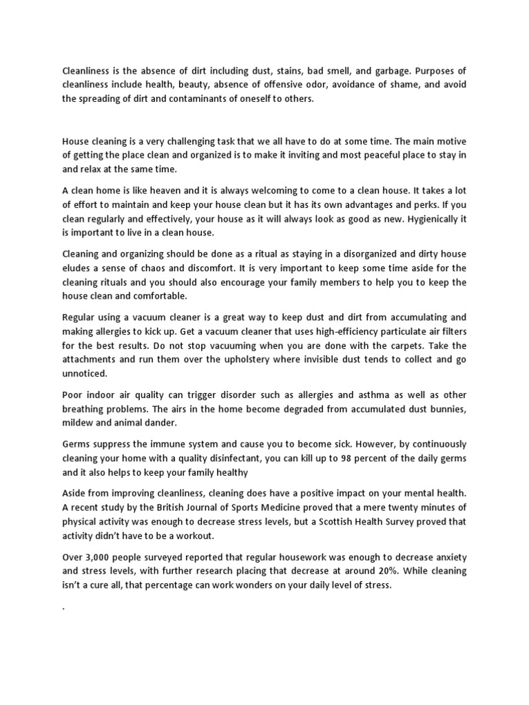 Cleanliness Is The Absence of Dirt Including Dust | PDF | Vacuum ...