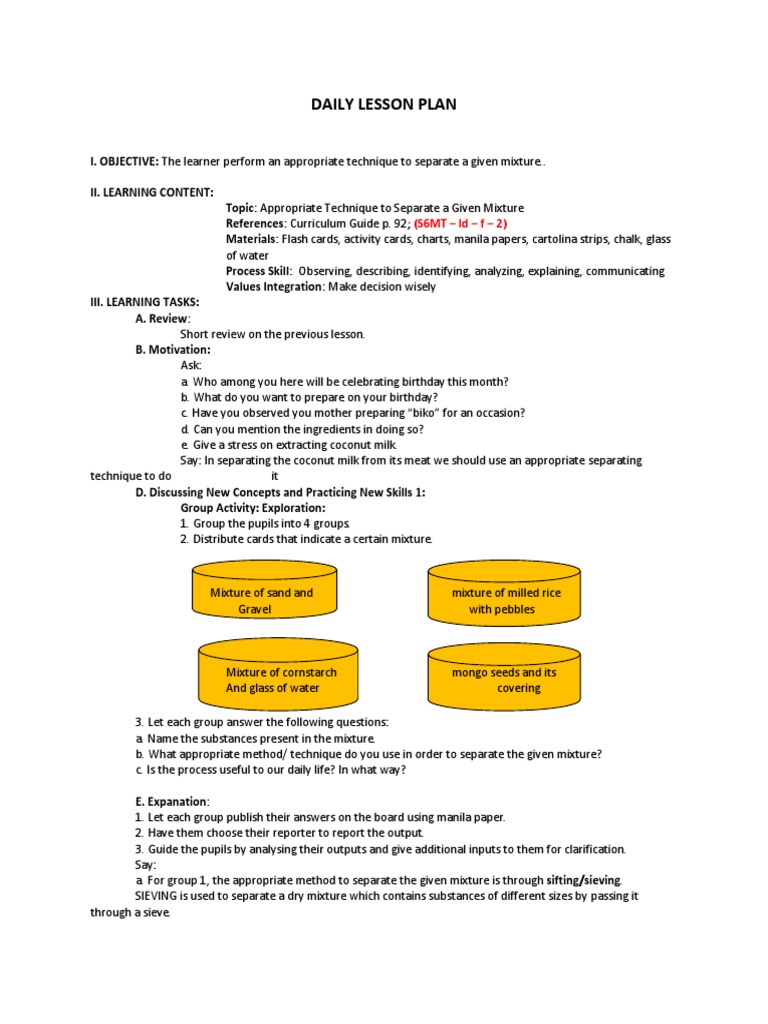 Daily Lesson Plan in Separating Mixtures | PDF | Filtration | Chemical ...