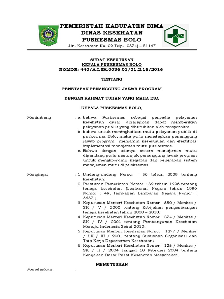 SK Penanggung Jawab Program P2 Malaria | PDF