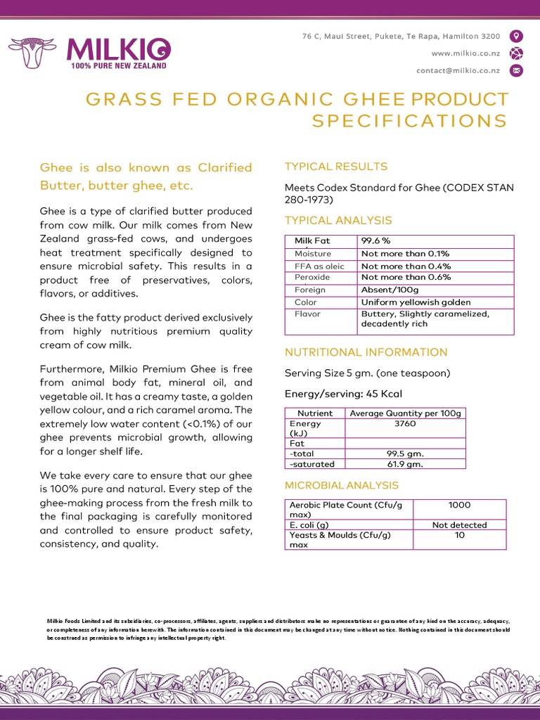 Milkio Organic Ghee Specifications | PDF