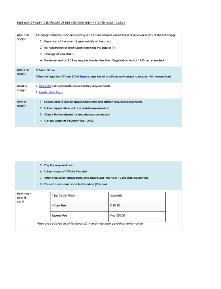 Renewal of Alien Certificate of Registration Identity Card | PDF