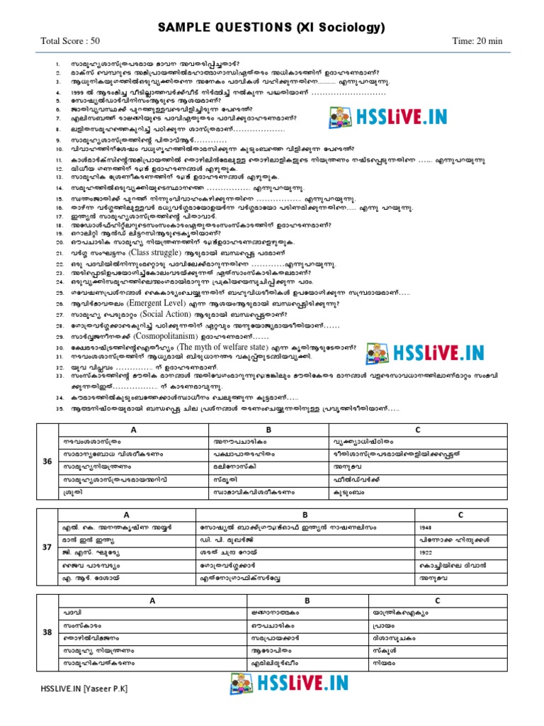 Hsslive XI Sociology Objective Questions | PDF