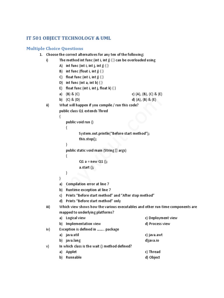It 501 Object Technology & Uml: Multiple Choice Questions | Download Free PDF | Method (Computer ...