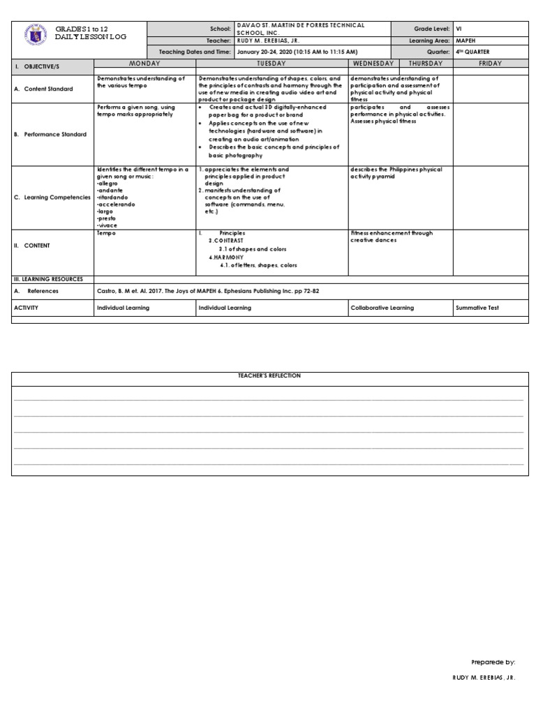 Grade 6 DLL MAPEH Q4 Week 3 | PDF | Pedagogy | Learning