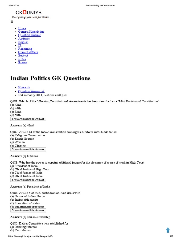 Indian Polity GK Questions | PDF | Politics Of India | Citizenship
