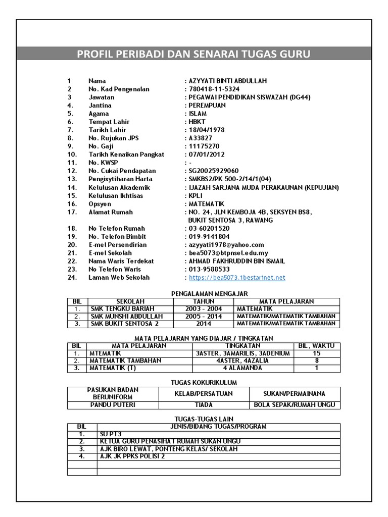 Profil Peribadi Dan Senarai Tugas Guru (Kosong) | PDF