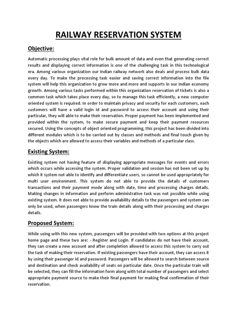 Railway Reservation System Abstract | PDF | User (Computing) | Class (Computer Programming)