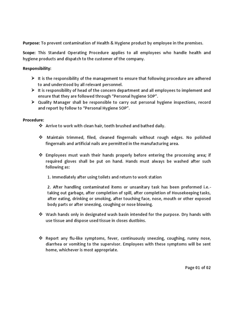Personal Hygiene SOP | PDF | Hygiene | Hand Washing