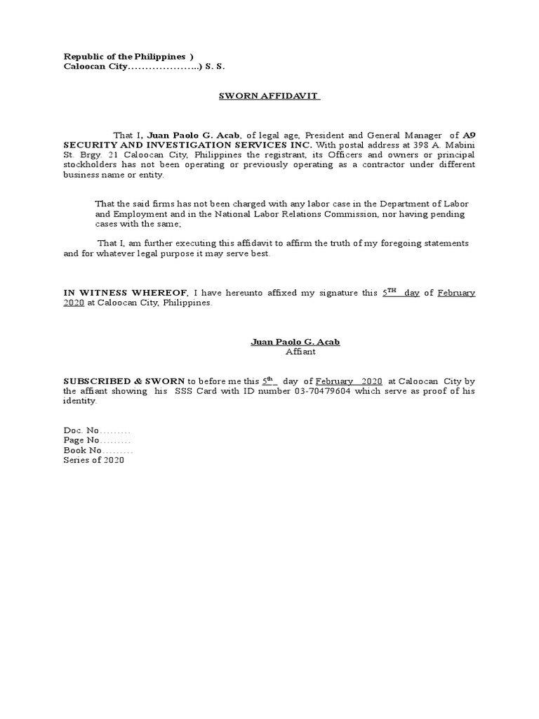 Sworn Affidavit DO-174 December 2019 | PDF